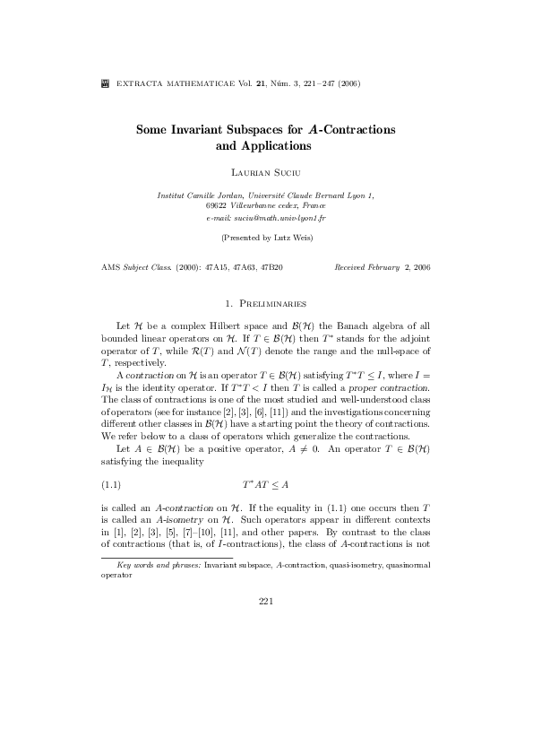 Pdf Some Invariant Subspaces For A Contractions And Applications