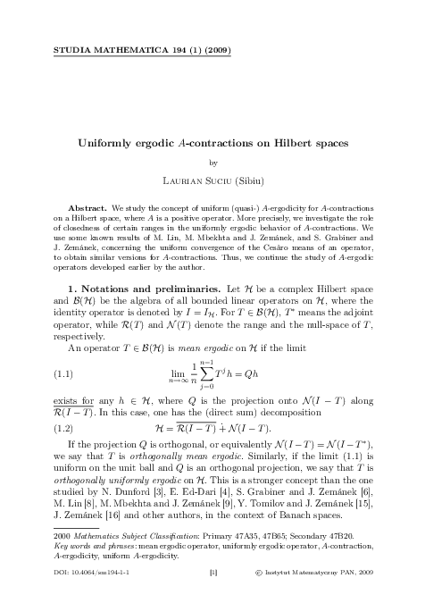 (PDF) Uniformly ergodic A-contractions on Hilbert spaces