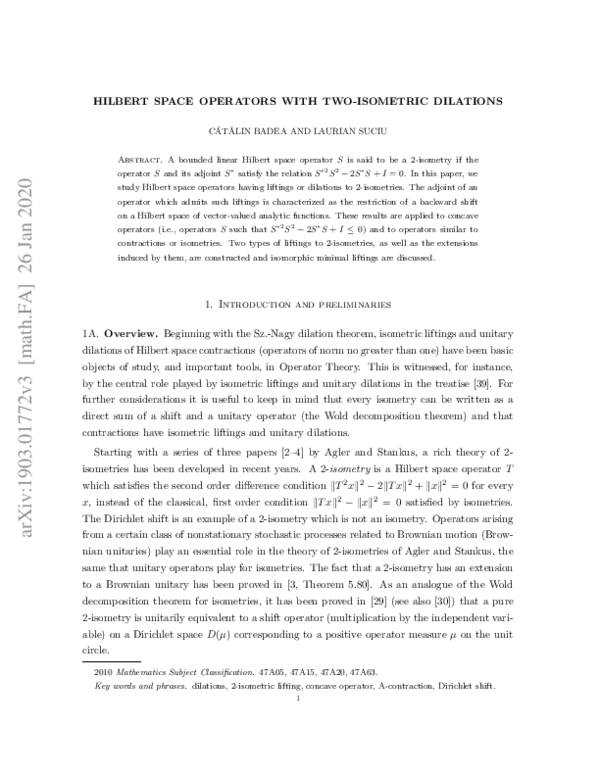 (PDF) Hilbert space operators with two-isometric dilations | Laurian Suciu - Academia.edu