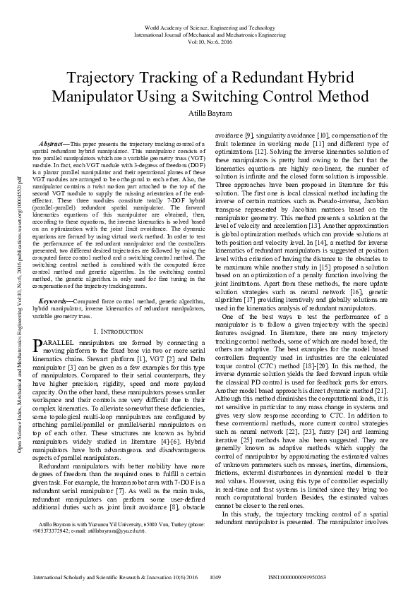 Pdf Trajectory Tracking Of A Redundant Hybrid Manipulator Using A Switching Control Method
