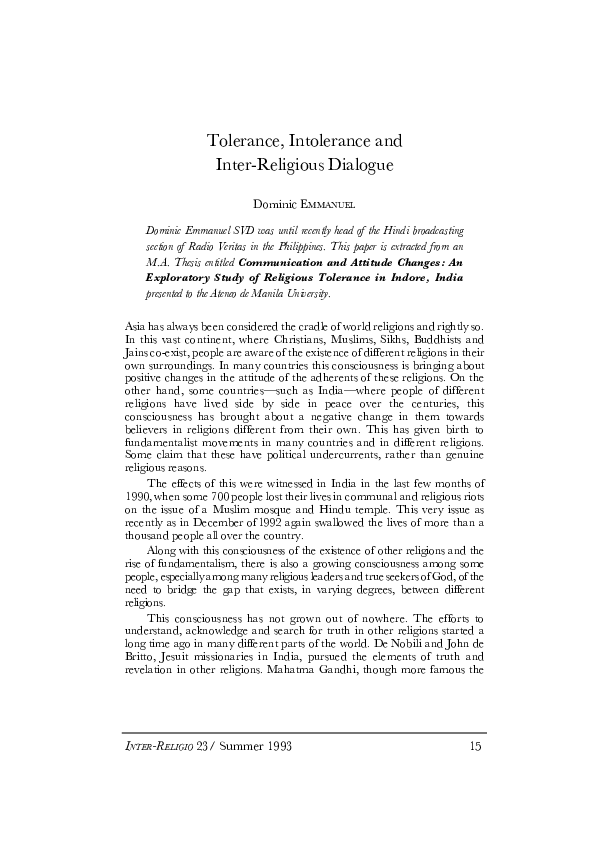 (PDF) Tolerance , Intolerance and Inter-Religious Dialogue