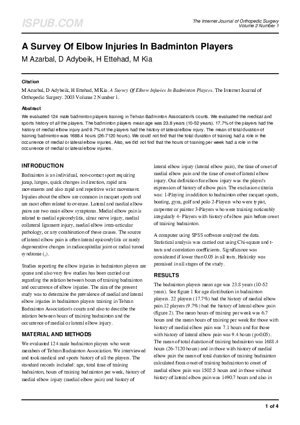(PDF) A Survey Of Elbow Injuries In Badminton Players