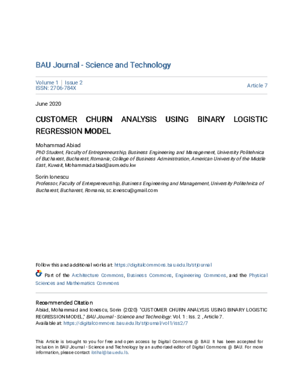 (PDF) Customer Churn Analysis Using Binary Logistic Regression Model