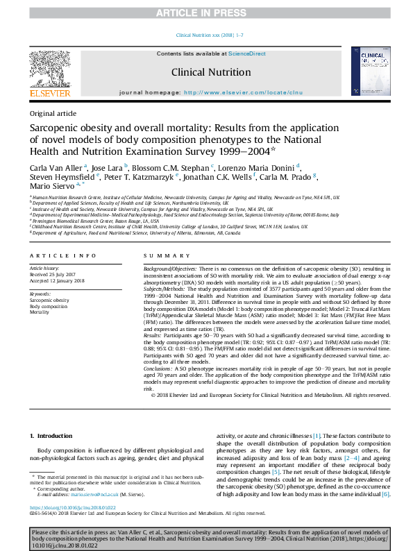 Pdf Sarcopenic Obesity And Overall Mortality Results From The