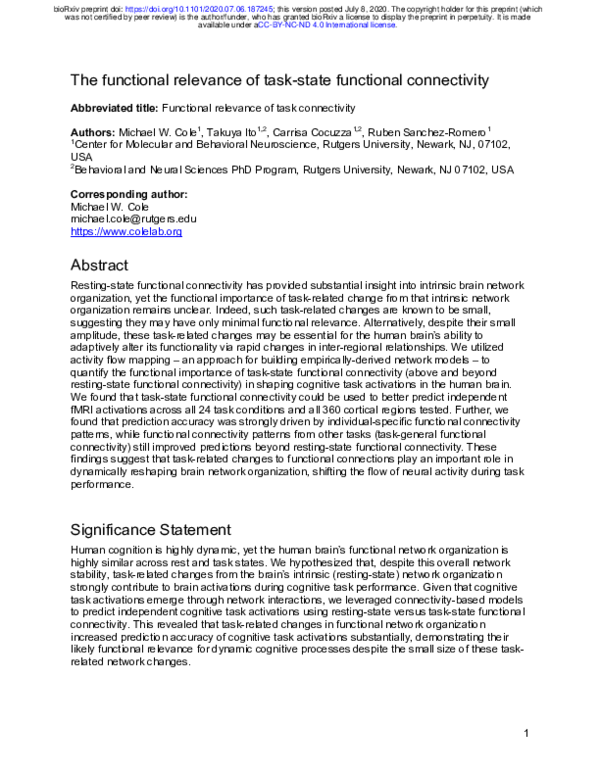 Pdf The Functional Relevance Of Task State Functional Connectivity