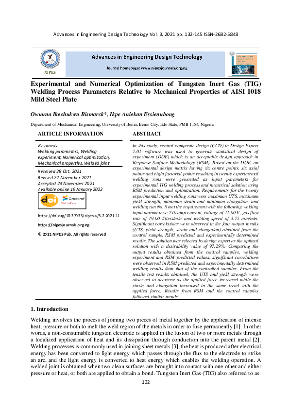 (PDF) Experimental and Numerical Optimization of Tungsten Inert Gas (TIG) Welding Process ...