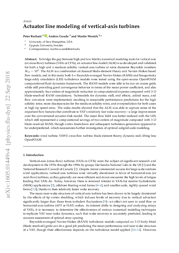 Pdf Actuator Line Modeling Of Vertical Axis Turbines
