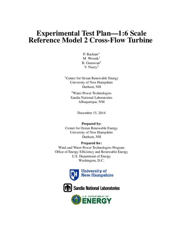 (PDF) Experimental Test Plan—1:6 Scale Reference Model 2 Cross-Flow Turbine