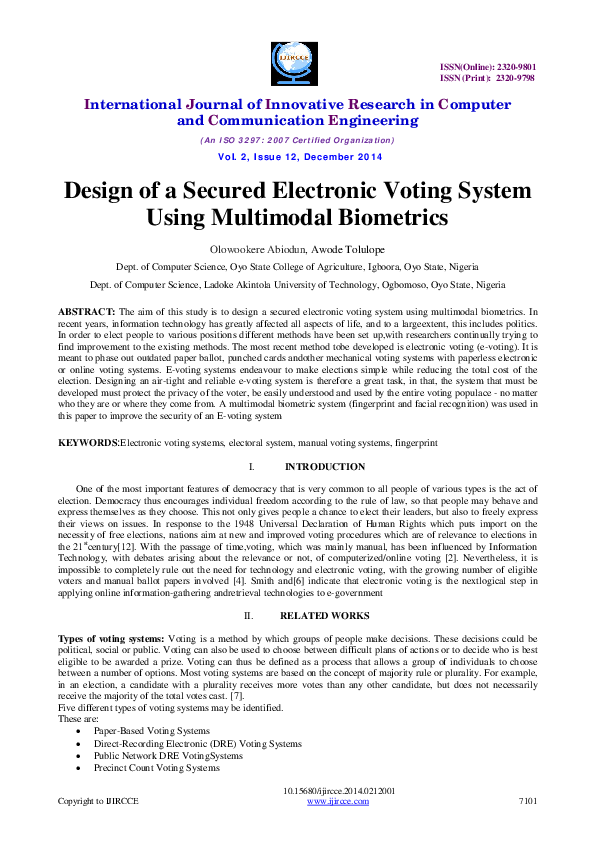 Pdf Design Of A Secured Electronic Voting Systemusing Multimodal