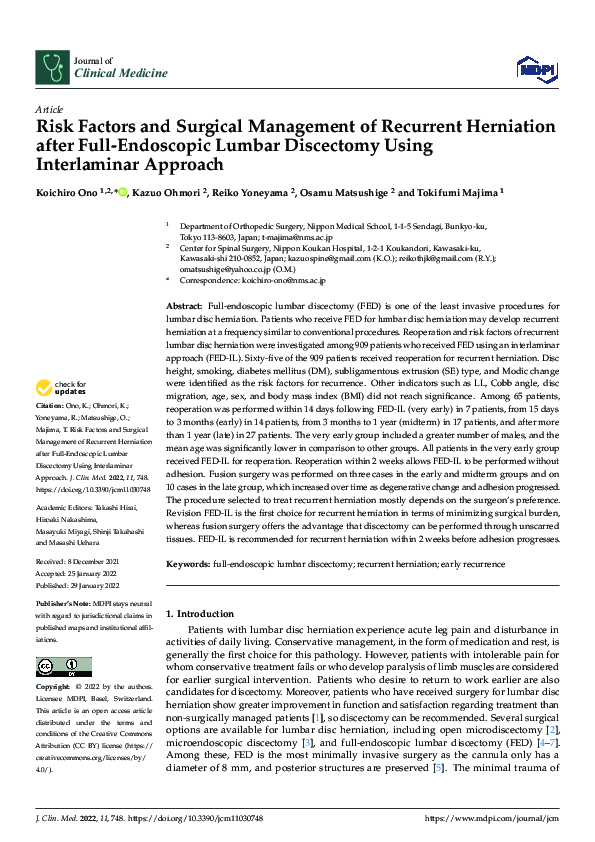 (PDF) Risk Factors and Surgical Management of Recurrent Herniation after Full-Endoscopic Lumbar ...