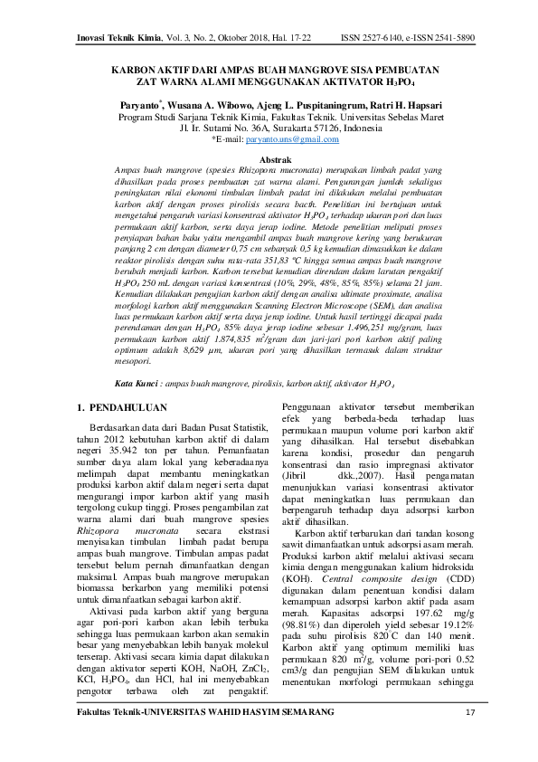 (PDF) Karbon Aktif Dari Ampas Buah Mangrove Sisa Pembuatan Zat Warna Alami Menggunakan Aktivator ...