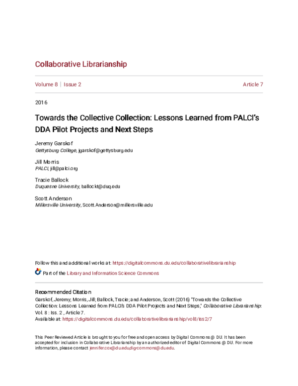 (PDF) Towards the Collective Collection: Lessons Learned from PALCI’s ...