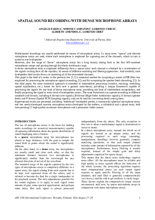 (PDF) Spatial Sound Recording with Dense Microphone Arrays