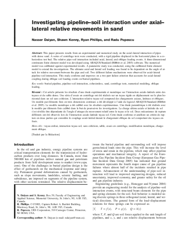 (PDF) Investigating pipeline soil interaction under axial lateral relative movements in sand