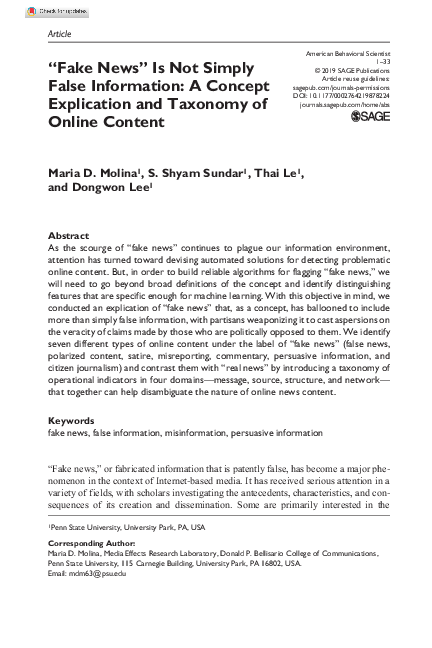(PDF) “Fake News” Is Not Simply False Information: A Concept ...