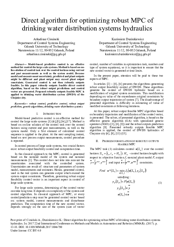 (PDF) Direct algorithm for optimizing robust MPC of drinking water distribution systems ...