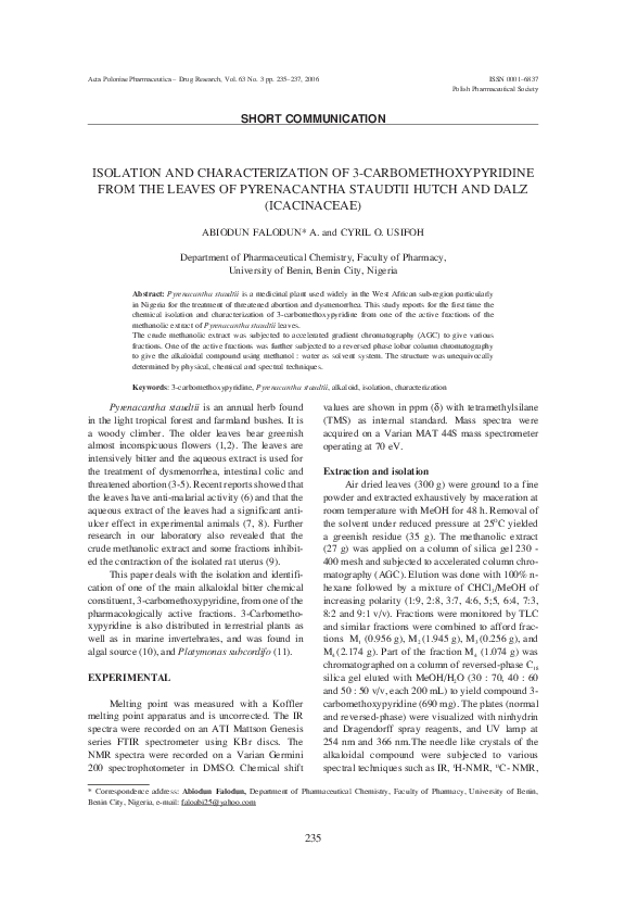 (PDF) Isolation and characterization of 3-carbomethoxypyridine from the ...