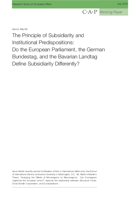 (PDF) The Principle of Subsidiarity and Institutional Predispositions