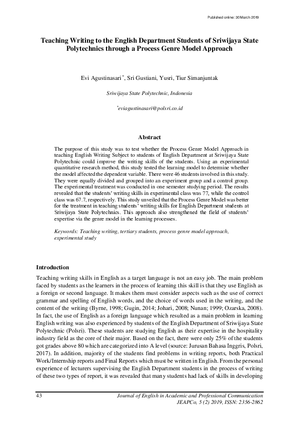 (PDF) Teaching Writing to the English Department Students of Sriwijaya ...