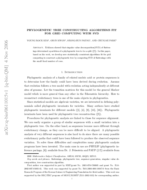 (PDF) Phylogenetic tree constructing algorithms fit for grid computing with SVD
