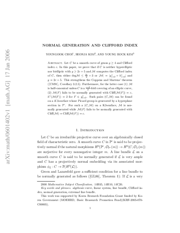 (PDF) Normal generation and Clifford index | Young Rock Kim - Academia.edu