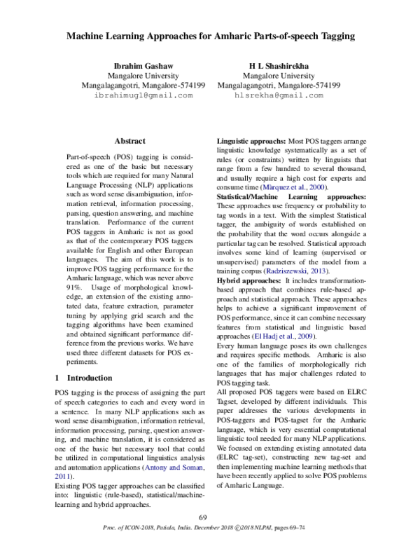 (PDF) Machine Learning Approaches for Amharic Parts-of-speech Tagging
