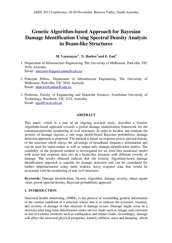 (PDF) Genetic Algorithm-based Approach for Bayesian Damage Identification Using Spectral Density ...