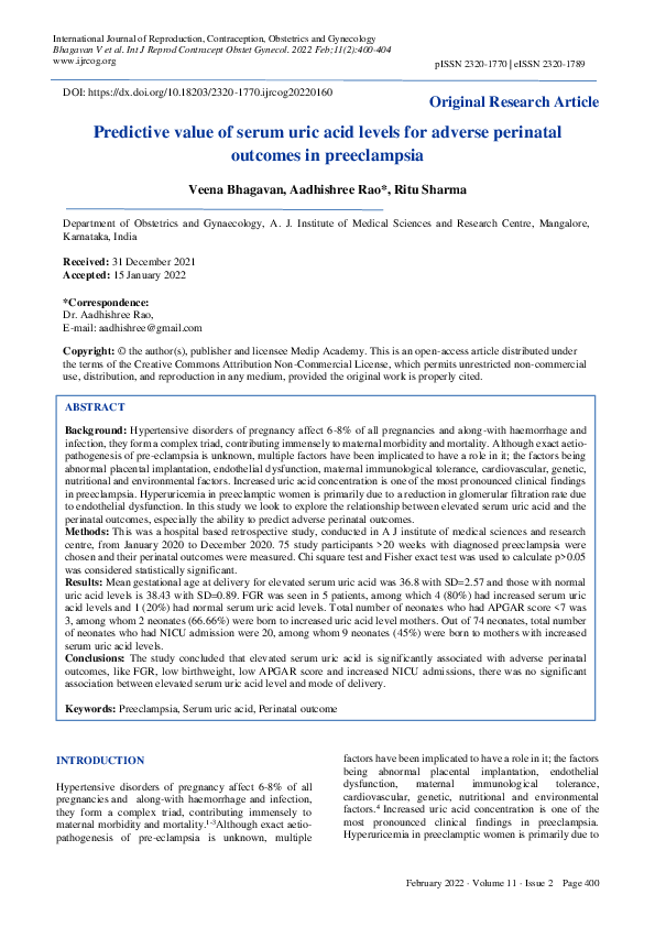 (PDF) Predictive value of serum uric acid levels for adverse perinatal ...