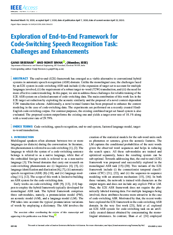 Pdf Exploration Of End To End Framework For Code Switching Speech Recognition Task Challenges
