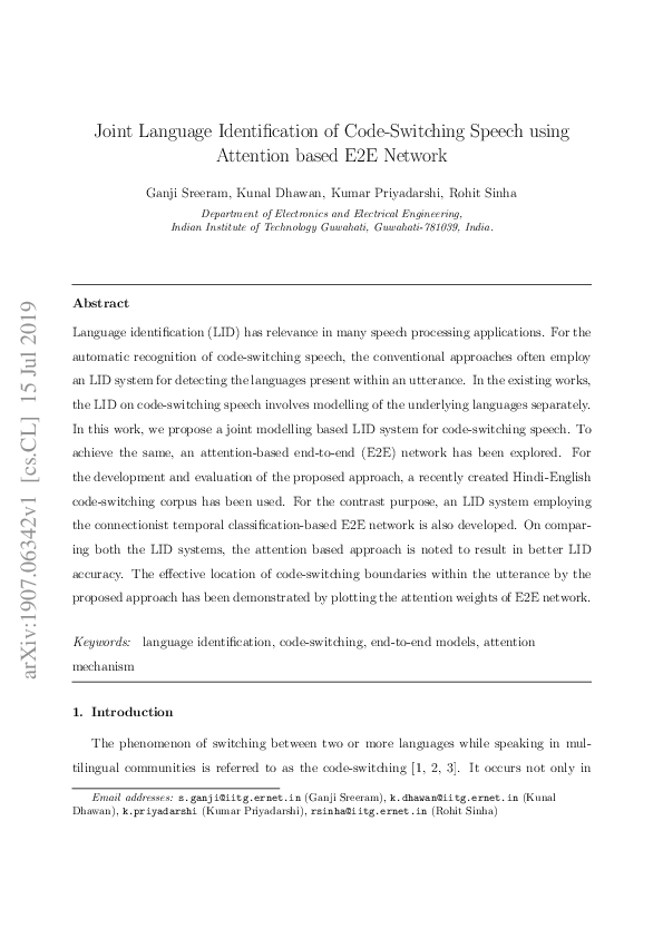 Pdf Joint Language Identification Of Code Switching Speech Using
