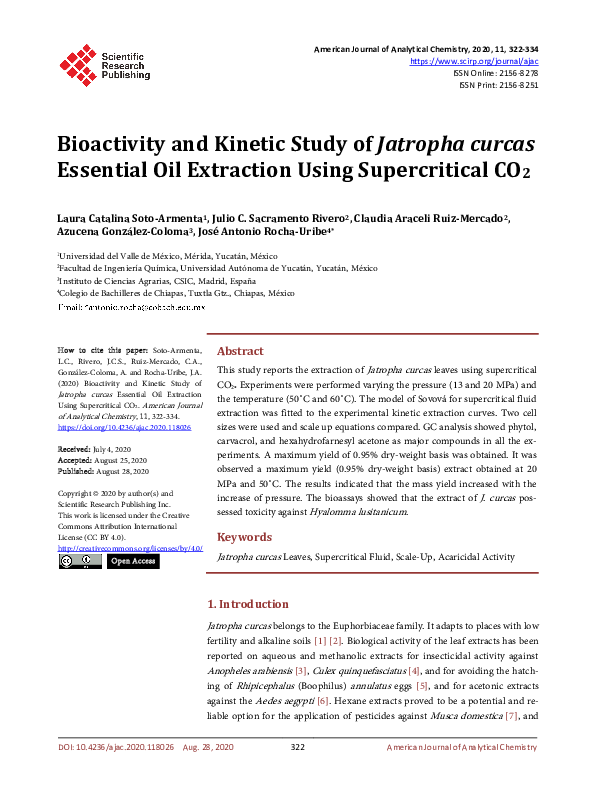 (PDF) Bioactivity and Kinetic Study of Jatropha curcas Essential Oil Extraction Using ...