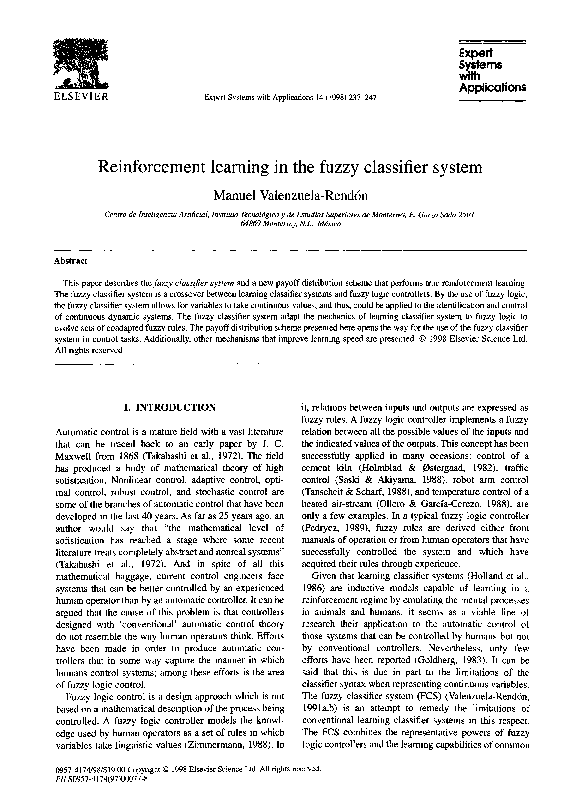 (PDF) Reinforcement learning in the fuzzy classifier system