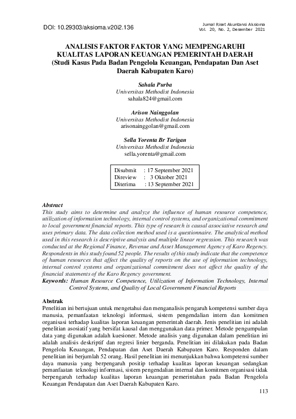 (PDF) ANALISIS FAKTOR FAKTOR YANG MEMPENGARUHI KUALITAS LAPORAN KEUANGAN PEMERINTAH DAERAH ...