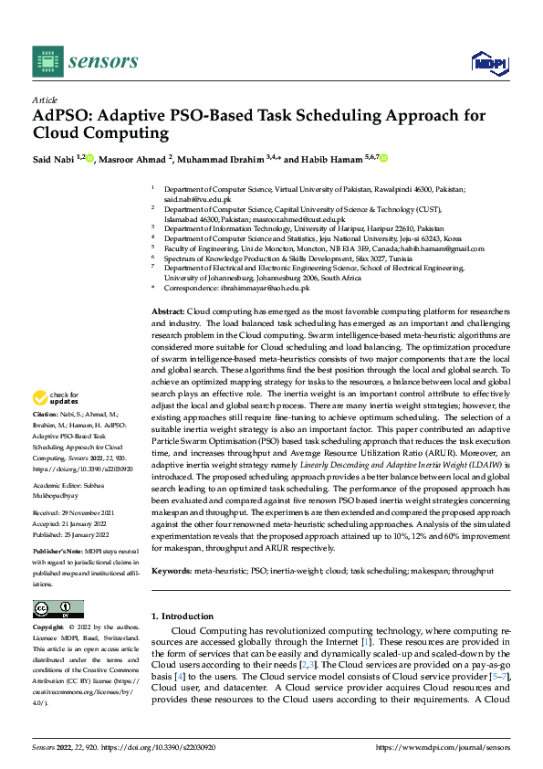 (PDF) AdPSO: Adaptive PSO-Based Task Scheduling Approach for Cloud ...