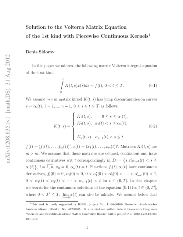 (PDF) Solution to the Volterra Matrix Equation of the 1st kind with ...