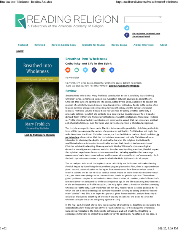 (PDF) Book Review of: Breathed into Wholeness, by Mary Frohlich