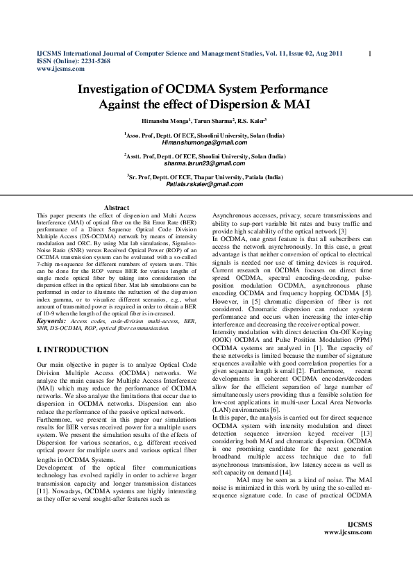 (PDF) 1 Investigation of OCDMA System Performance Against the effect of Dispersion & MAI