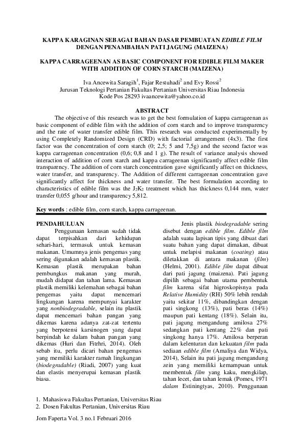 (PDF) Kappa Karaginan Sebagai Bahan Dasar Pembuatan Edible Film Dengan Penambahan Pati Jagung ...