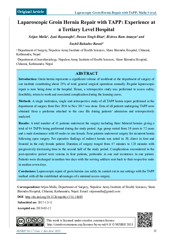 (PDF) Laparoscopic Groin Hernia Repair with TAPP: Experience at a ...