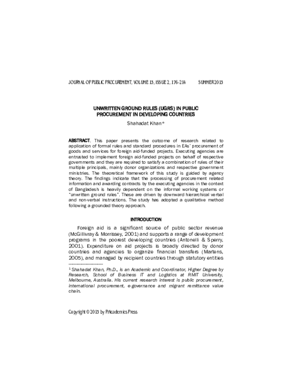(PDF) Unwritten ground rules (UGRS) in public procurement in developing ...