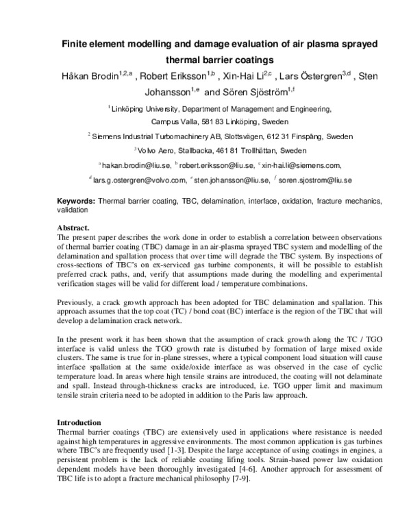 (PDF) Finite Element Modelling and Damage Evaluation of Air Plasma Sprayed Thermal Barrier Coatings