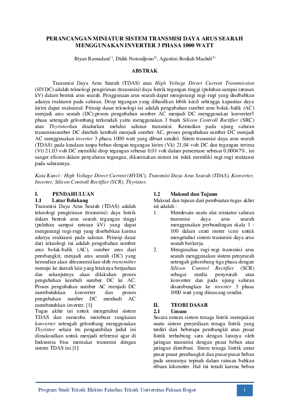 (PDF) Perancangan Miniatur Sistem Transmisi Daya Arus Searah Menggunakan Inverter 3 Phasa 1000 Watt