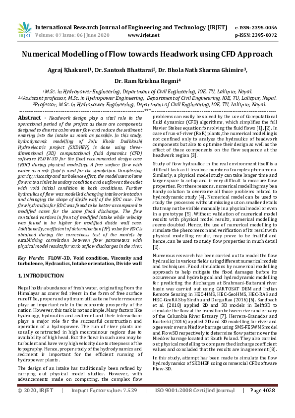 (PDF) Numerical Modelling of Flow towards Headwork using CFD Approach