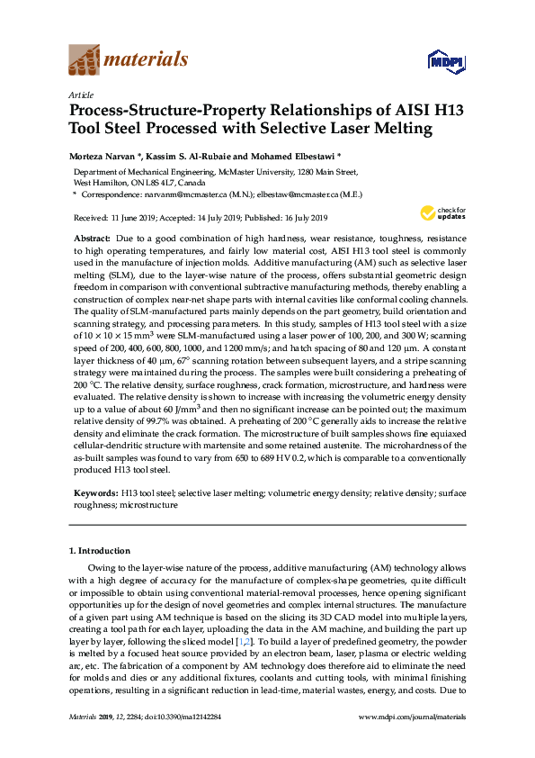 (PDF) Process-Structure-Property Relationships of AISI H13 Tool Steel ...