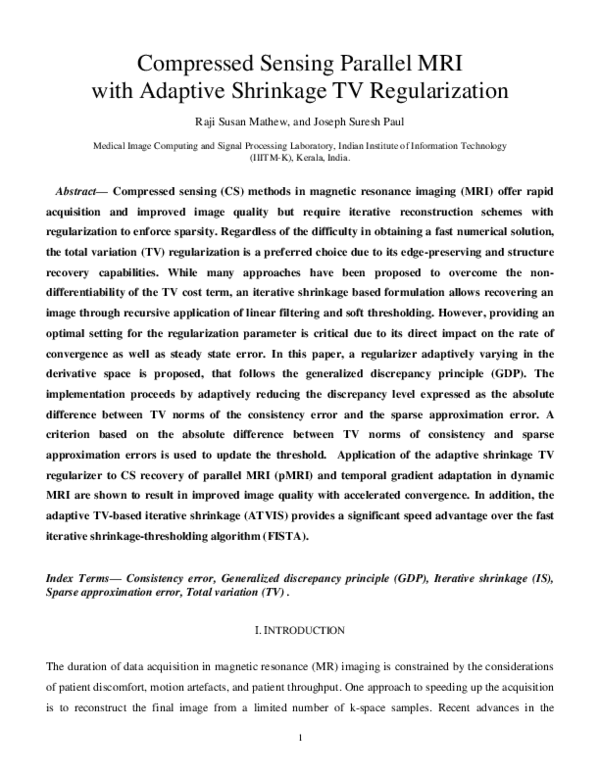 (PDF) Compressed Sensing Parallel MRI with Adaptive Shrinkage TV Regularization