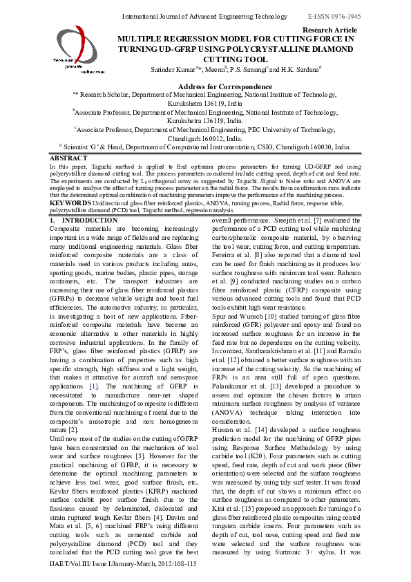 Pdf Multiple Regression Model For Cutting Force In Turning Ud Gfrp Using Polycrystalline
