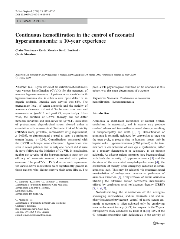 (PDF) Continuous hemofiltration in the control of neonatal ...