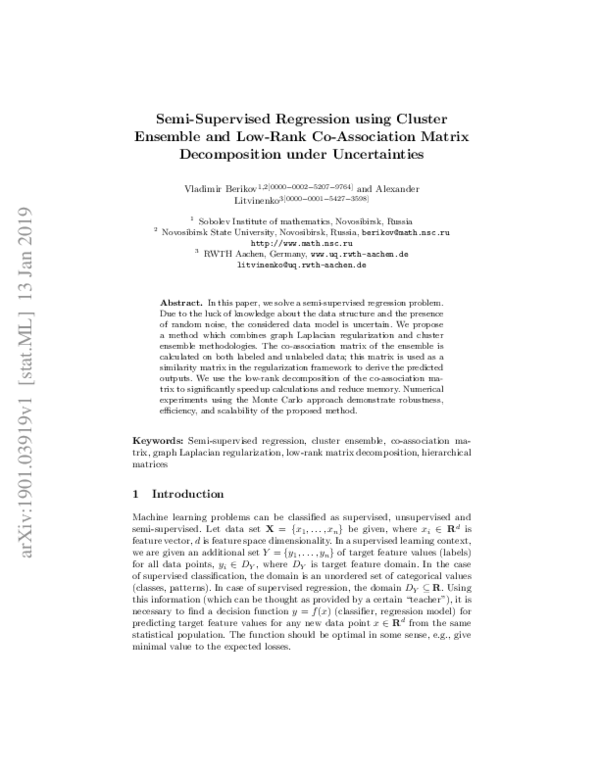 (PDF) Semi-Supervised Regression Using Cluster Ensemble and Low-Rank Co-Association Matrix ...