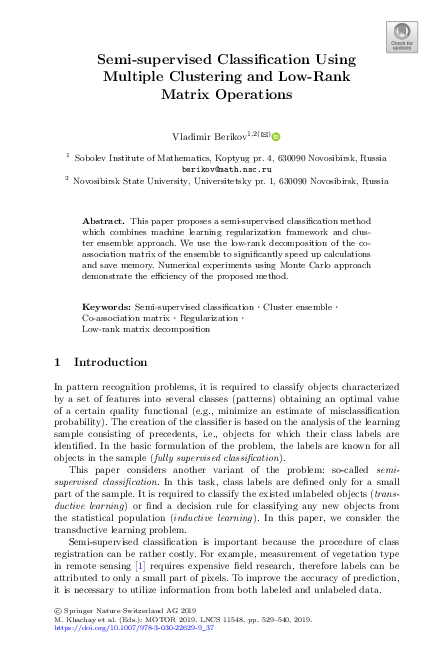 (PDF) Semi-supervised Classification Using Multiple Clustering and Low-Rank Matrix Operations