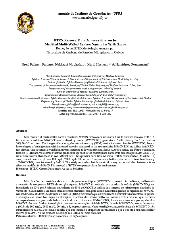 (PDF) BTEX Removal from Aqueous Solution by Modified Multi-Walled Carbon Nanotubes With Ozone